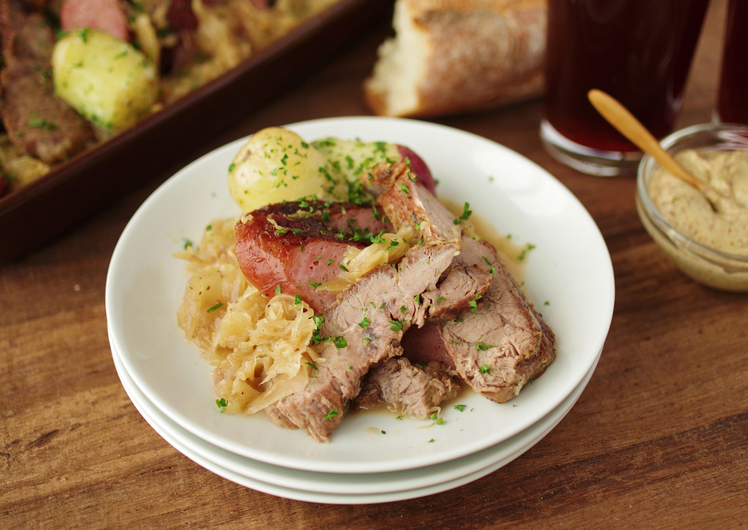 Recipe for pork, sausage, and sauerkraut