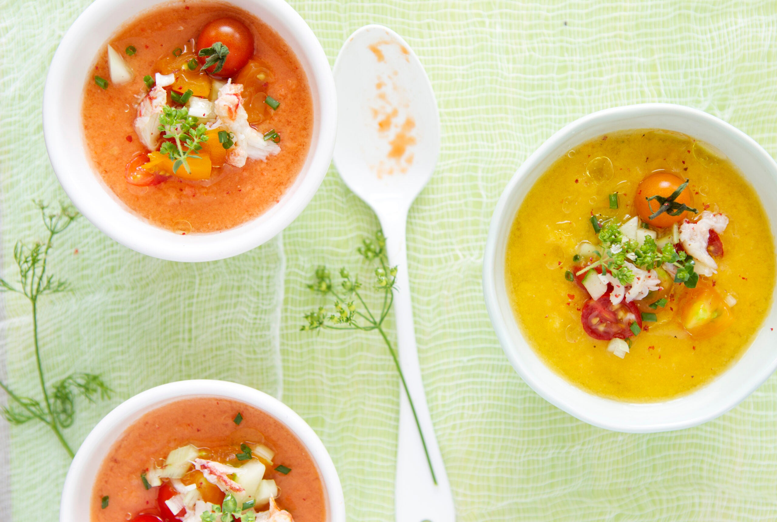 Recipe for gazpacho with cucumber-shrimp garnish