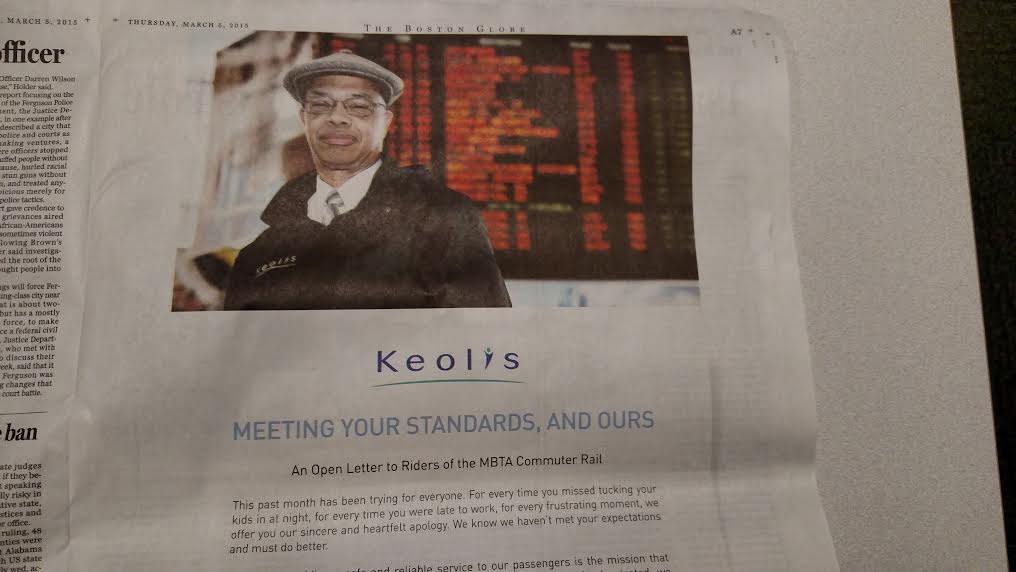 Keolis Apologizes to Commuters in Full-Page Boston Globe Ad