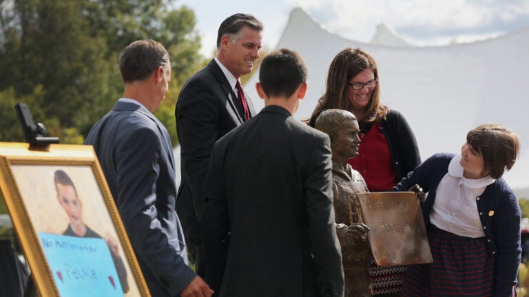 Martin Richard’s sister gives bunny ears to his statue at unveiling