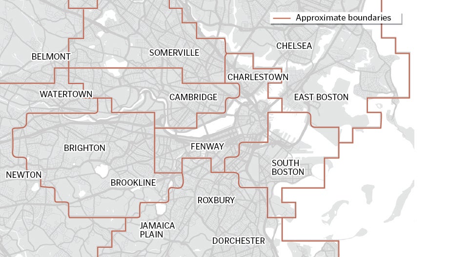 This map shows the Boston boundaries of Uber’s surge pricing