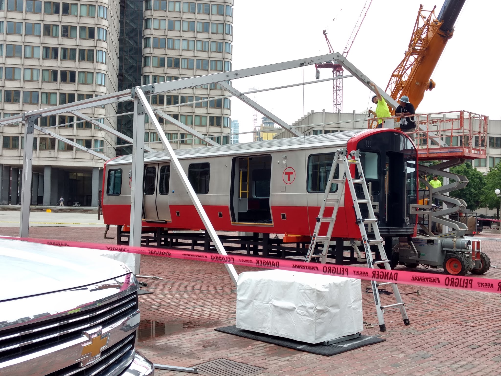 A mock-up of a new Red Line car just arrived on City Hall Plaza