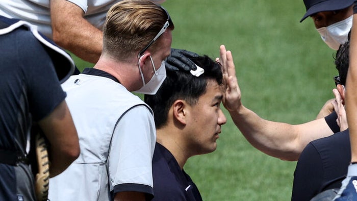 Yankees pitcher Masahiro Tanaka alert after being hit in head by ...