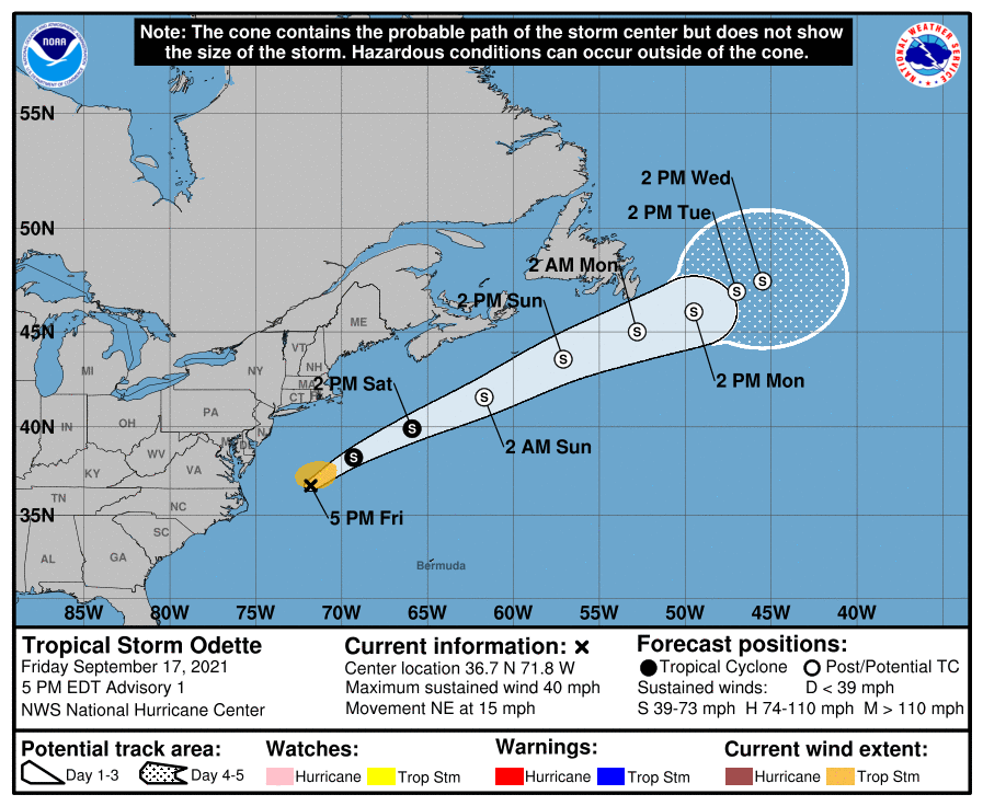 Tropical Storm Odette forms off mid-Atlantic coast
