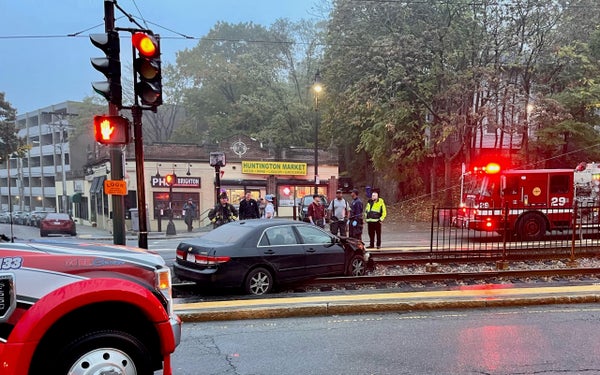 Accident pushes car onto tracks on Green Line's B branch