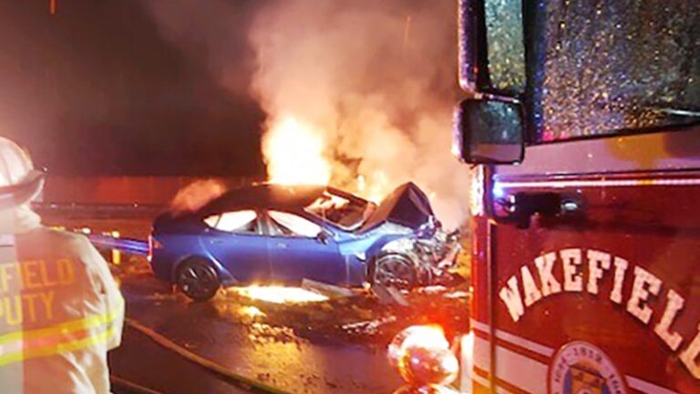 Tesla goes up in flames after single-car crash in Wakefield