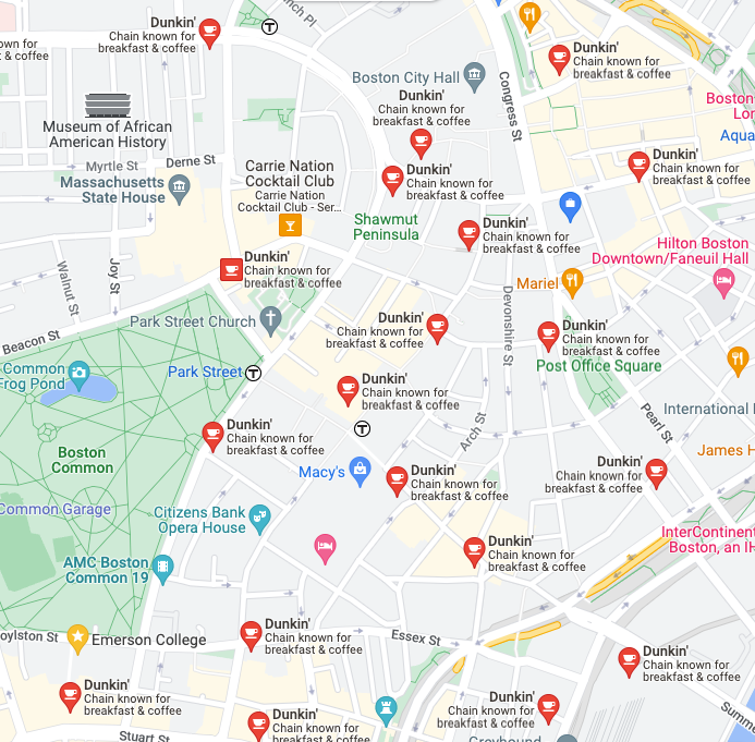 What's the shortest distance between two Dunkin's in Mass.?