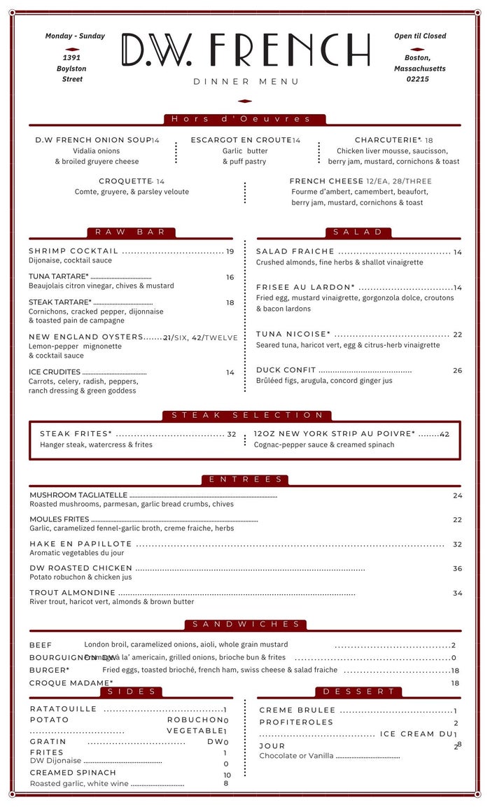 DW French, brasserie from Douglass Williams, opens in Fenway