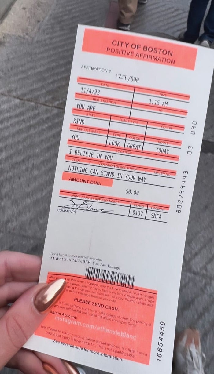 800 parking tickets with 'positive affirmations' given out in Boston