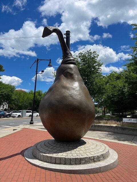 What is a 12-foot pear statue doing in Dorchester?