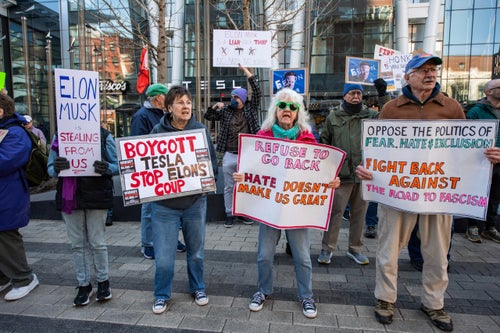 The Back Bay Tesla location is becoming a perennial protest site