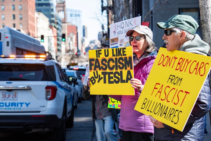 The Back Bay Tesla location is becoming a perennial protest site