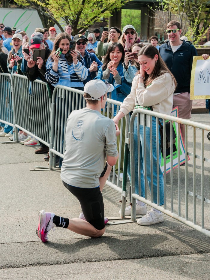 Watch: Boston doctor drops to one knee before finishing Marathon