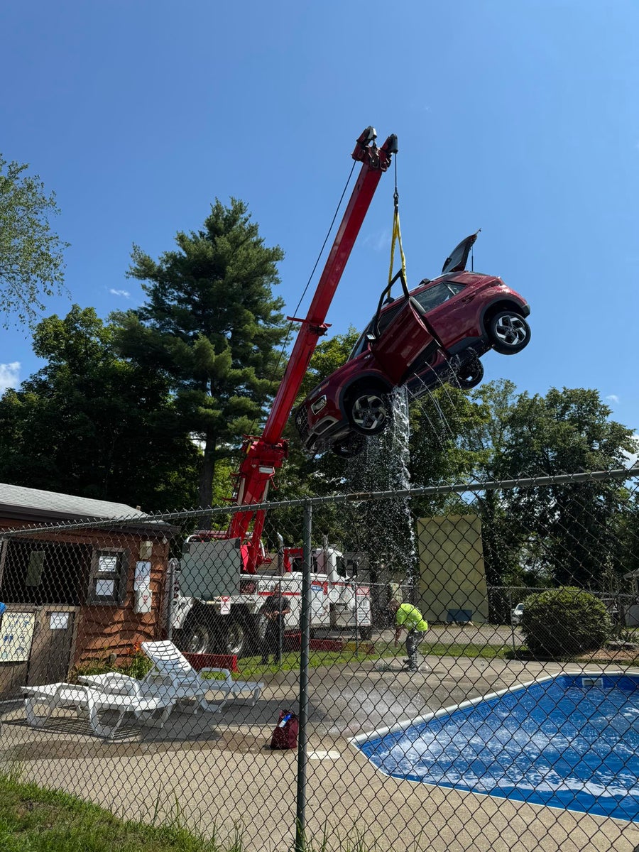 Car ends up in pool at Mass. campground, barely missing swimmers