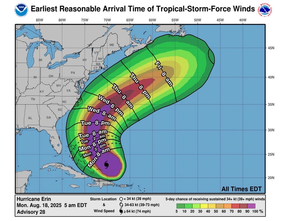 Hurricane Erin maps: Track, wind speeds, rip currents