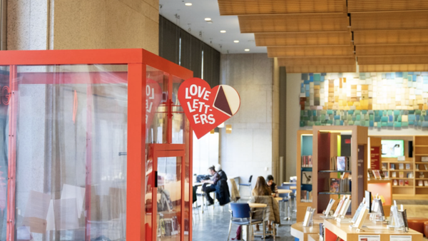 A Love Letters phone booth is at the Boston Public Library