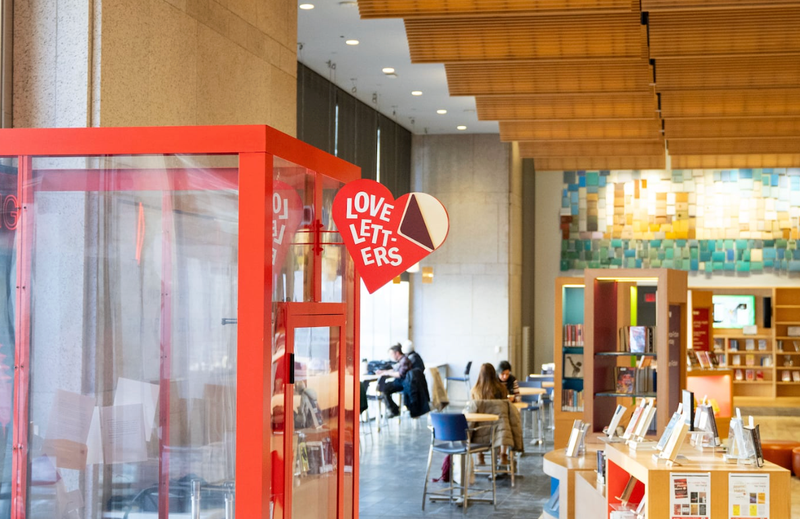 A Love Letters phone booth is at the Boston Public Library