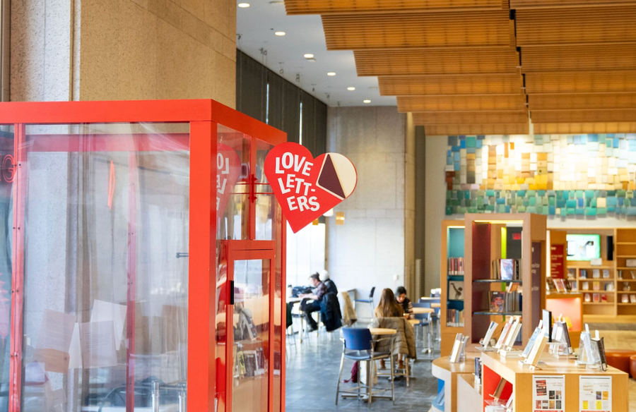 A Love Letters phone booth is at the Boston Public Library