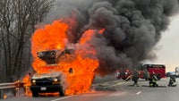Truck catches fire on Mass. Pike, causing lane shutdowns